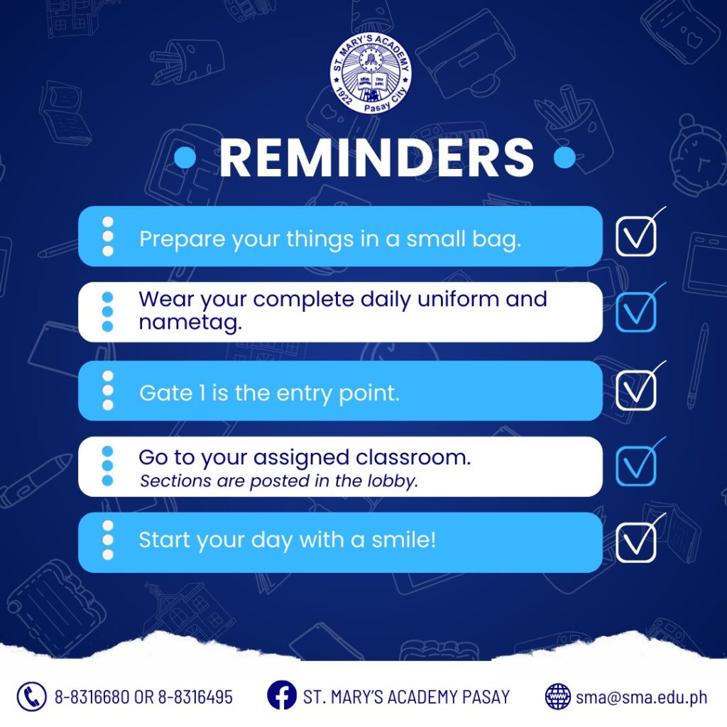 General Reminders for 1st Day of School - St. Mary's Academy of Pasay